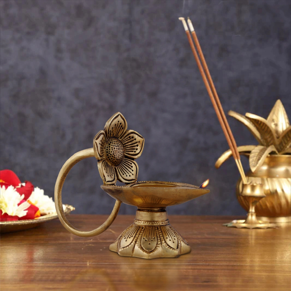 Giri - Brass Table Diya | Lotus Diya | Brass Flower Diya