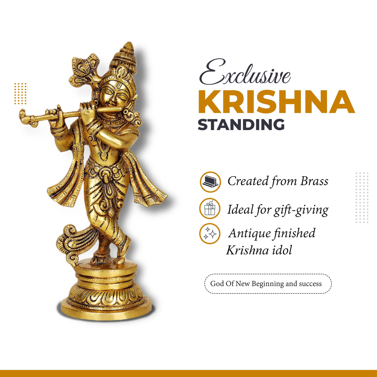 Krishnan Statue - 10 x 5 Inches | Brass Idol/ Krishna Idol/ Lord Krish