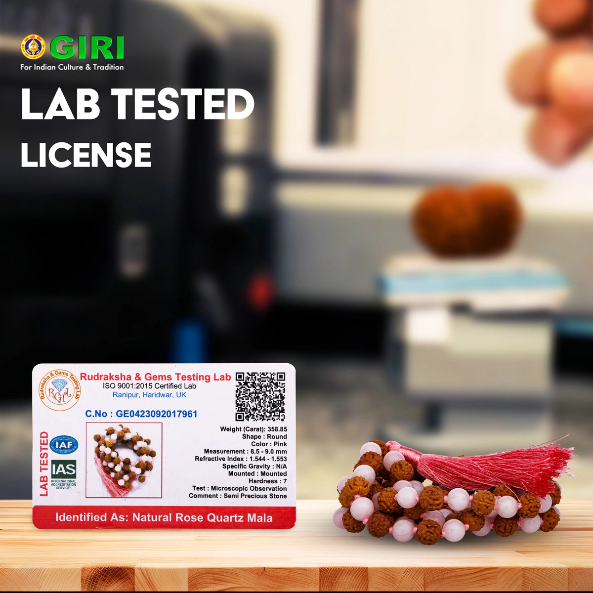 Giri - Original Rudraksha Mala | Rose Quartz Mala Beads | Japa Mala