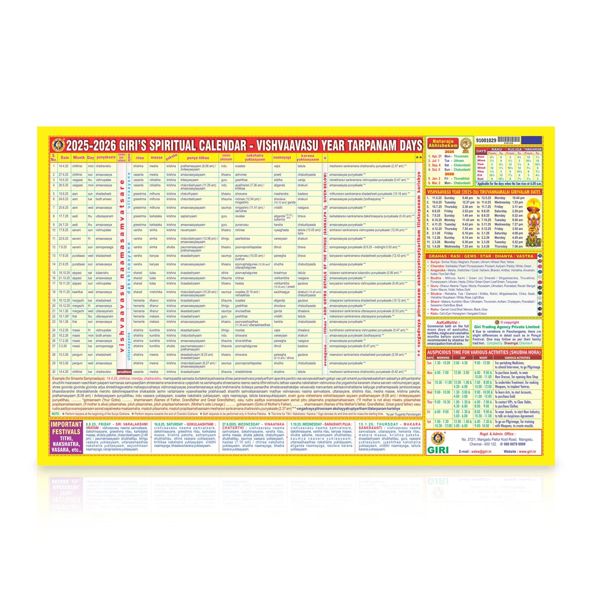 Giri - Mini Sheet Panchangam | Pocket Panchangam Laminated (English)